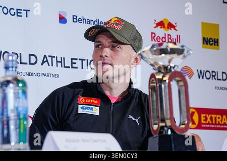 Oslo 20260609. Karsten Warholm at a press conference before the Bislett ...