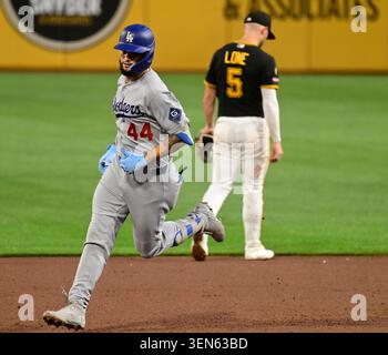 Pittsburgh Pirates' Brandon Lowe (5) looks on after striking out to end ...
