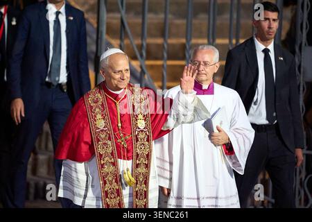 Pope Leo XIV arrives at the Gran Canaria Gando airbase, in Gando, Gran ...