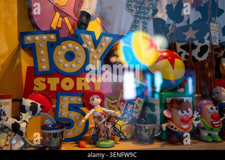 A Toy Story 5 sign and merchandise on display at Hong Kong Disneyland ...