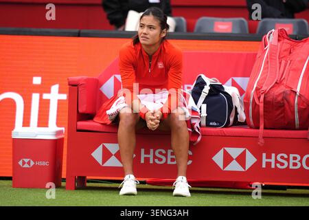 Emma Raducanu reacts as the match is interrupted by rain during day ...