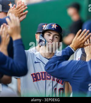 Houston Astros' Joey Loperfido celebrates after hitting a double during ...