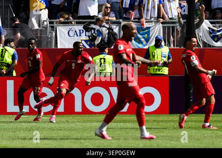 Cyle Larin of Canada celebrates after scoring a goal during the FIFA ...