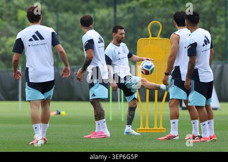 Argentina's forward Lionel Messi take part in a training session during ...