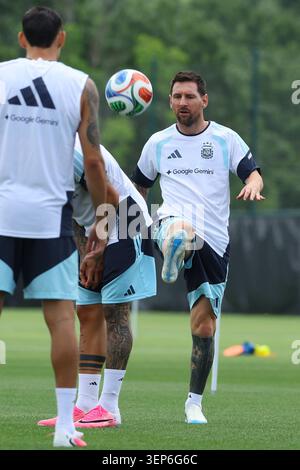 Argentina's forward Lionel Messi take part in a training session during ...