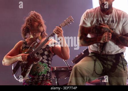 Lee Kiernan, guitarist of the British punk band IDLES, performs during ...