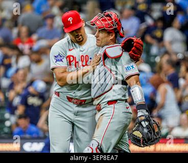 Philadelphia Phillies relief pitcher Jhoan Duran reacts to the final ...