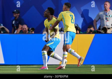 Vinicius Junior of Brazil celebrates with Bruno Guimaraes after scoring ...