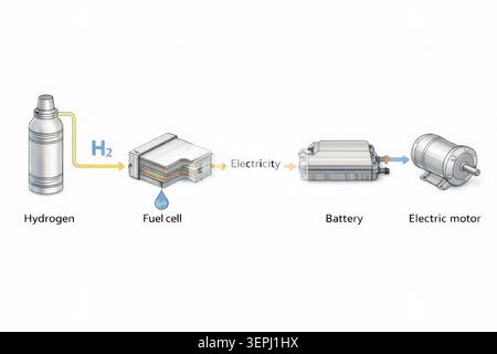 Stylized technical illustration showing a hydrogen fuel cell vehicle ...