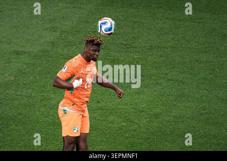 Emmanuel Agbadou of Cote d'Ivoire heads the ball during the FIFA World ...
