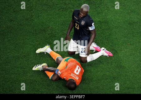 Moises Caicedo (R) of Ecuador and Franck Kessie of Cote d'Ivoire react ...