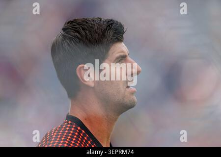 Belgium goalkeeper Thibaut Courtois (1) warms up for the World Cup ...