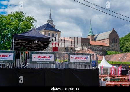 Oslo 20260616. A football party is being set up in Oslo ahead of Norway ...