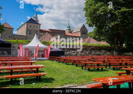 Oslo 20260616. A football party is being set up in Kongens gate in Oslo ...