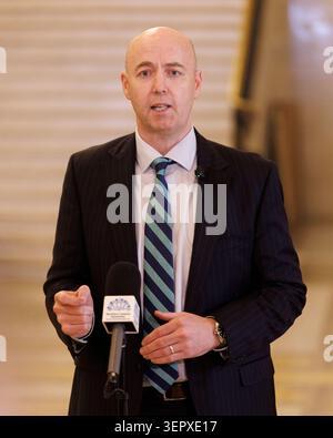 UUP leader Jon Burrows MLA speaking to the media in the Great Hall of ...