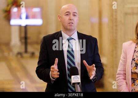 UUP leader Jon Burrows MLA speaking to the media in the Great Hall of ...