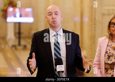 UUP leader Jon Burrows MLA speaking to the media in the Great Hall of ...
