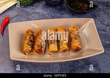 Five golden brown fried spring rolls arranged diagonally on textured ...