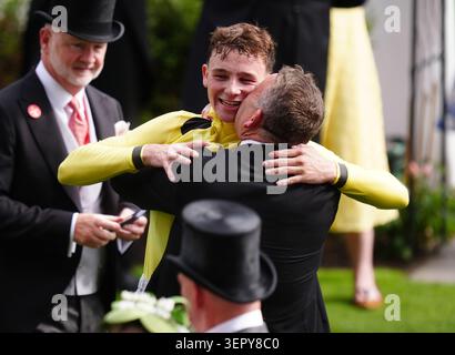 Jockey Billy Loughnane celebrates with father Mark Loughnane after Bow ...