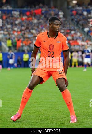 Netherlands defender Denzel Dumfries (22) heads the ball during the ...