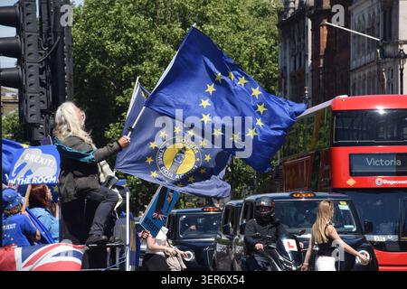 London, UK. 17th June 2026. Activists hold European Union flags during ...