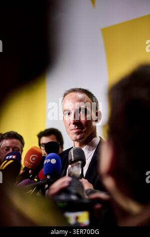 Raphael Glucksmann answers journalists at a rally in Aubervilliers on ...