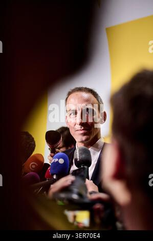 Raphael Glucksmann answers journalists at a rally in Aubervilliers on ...