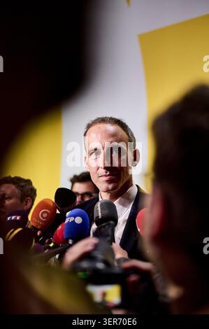 Raphael Glucksmann answers journalists at a rally in Aubervilliers on ...