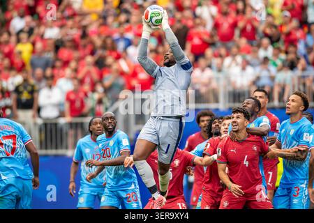 Congo DR goalkeeper Lionel Mpasi (1) strikes the ball during the FIFA ...