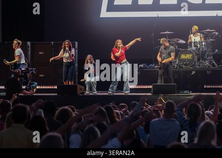 Thetford, UK, 17 June, 2026. McFly in concert. Pictured left to right ...