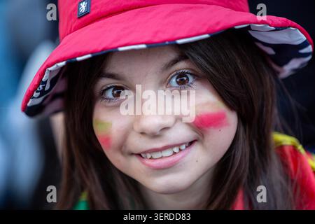 A supporter with face paint reacts while watching the Portugal vs DR ...