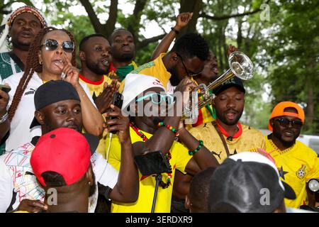Toronto, Canada. 17 June, 2026. Ghana fans sing, cheer, and dance at ...