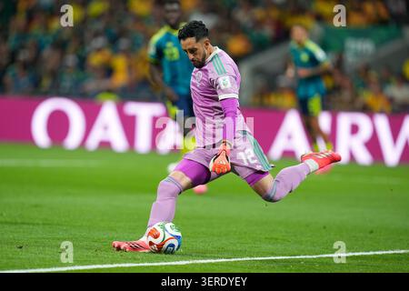 Goalkeeper Camilo Vargas #12 of Colombia clears the ball during the ...