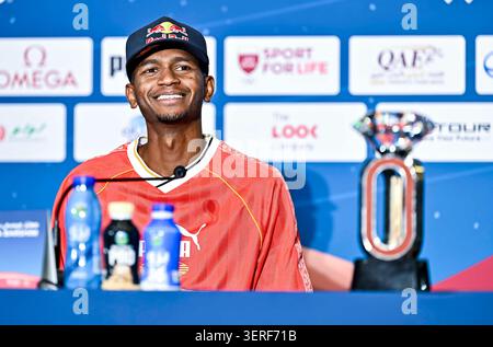 Doha. 18th June, 2026. Qatari high jumper Mutaz Essa Barshim attends ...