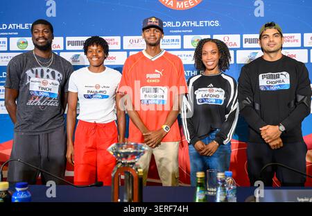 Doha. 18th June, 2026. American hurdler Cordell Tinch attends the press ...
