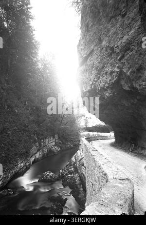 A monochrome photograph records the Gorges de la Bourne in France in ...