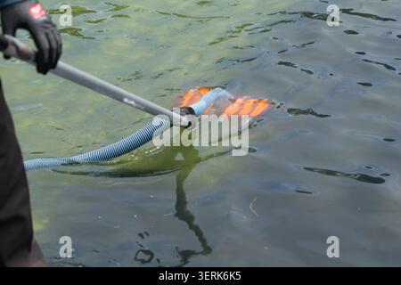 Algae is cleaned off of the floor of the Reflective Pool in Washington ...