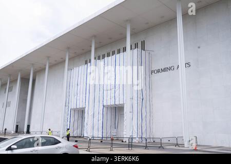 The front signage of the now Kennedy Center for the Performing Arts is ...