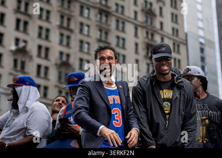 James Dolan, Mike Brown, OG Anunoby at a public appearance for Knicks ...