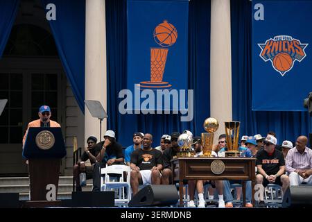 James Dolan speaks during the 2026 NBA Championship ceremony for the ...