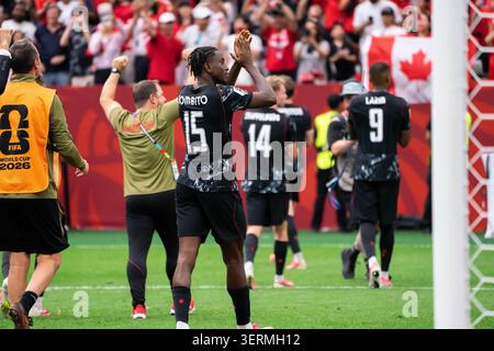 VANCOUVER, CANADA - JUNE 18: Moise Bombito of Canada controls the ball ...