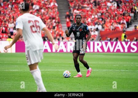 VANCOUVER, CANADA - JUNE 18: Moise Bombito of Canada kicks the ball ...