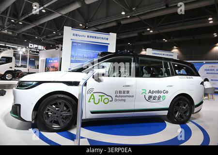 An Autonomous vehicles of Apollo displaying at 2026 International ...