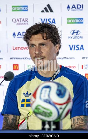 Victor Nilsson Lindelöf of Sweden talks to the media during Sweden ...