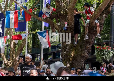 Seattle, USA. 19th Jun 2026. U.S. soccer fans cheer in Pioneer Square ...
