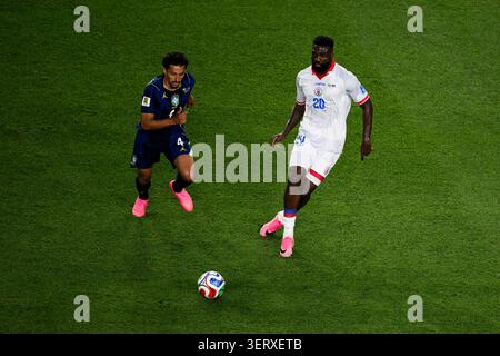 Carlens Arcus of Haiti is challenged by Marquinhos of Brazil during the ...
