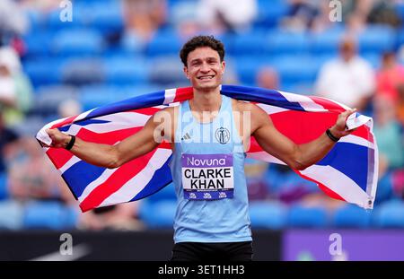 Joel Clarke Khan winning jump in the Mens High Jump at the UK Athletics ...