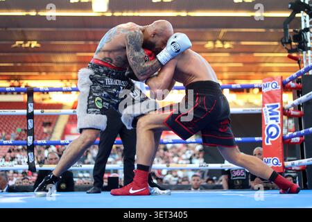 Lewis Edmondson (left) and Lyndon Arthur after the middleweight bout ...