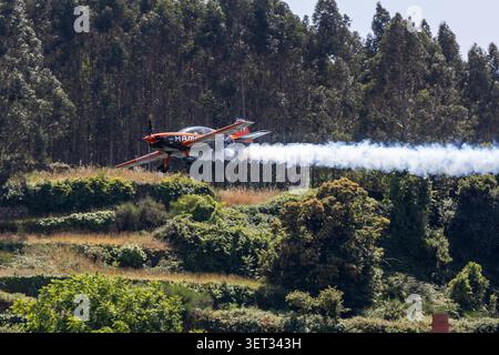 A Hamilton-branded aerobatic aircraft performs a low?altitude manoeuvre ...