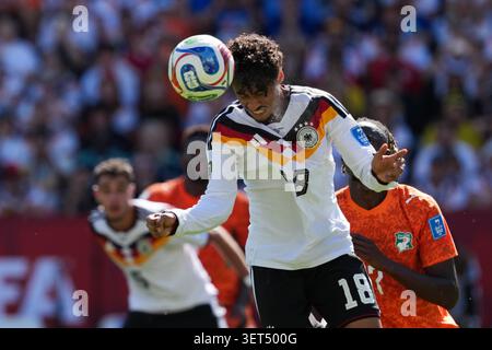 Nathaniel Brown #18 of Germany heads the ball during the 2026 FIFA ...